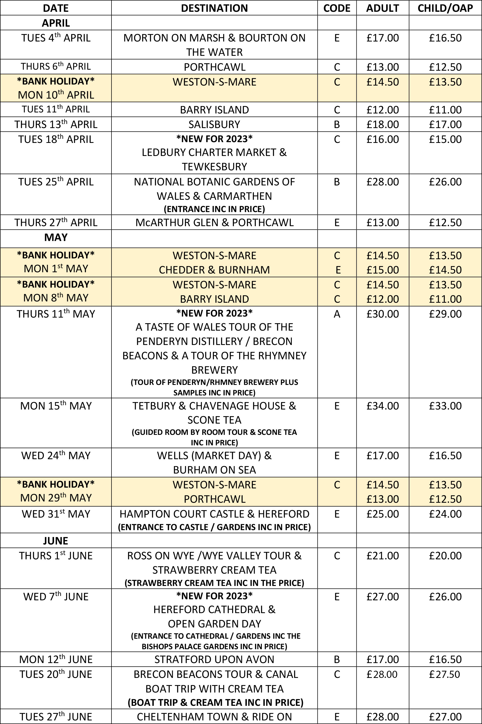 Our Trip Calendar – Jensons Travel – Bus trours and trips Pontypool